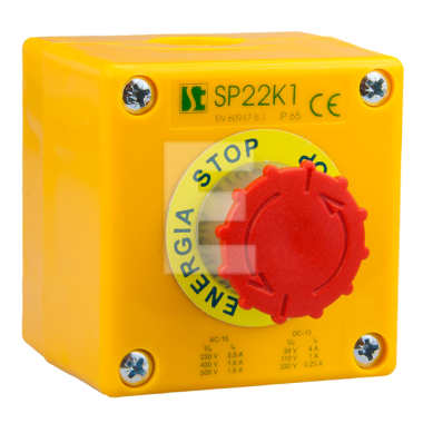 KASETA Z PRZYCISKIEM BEZPIECZEŃSTWA PRZEZ OBRÓT 1R IP65 ŻÓŁTA SP22K1\05-1 SPAMEL